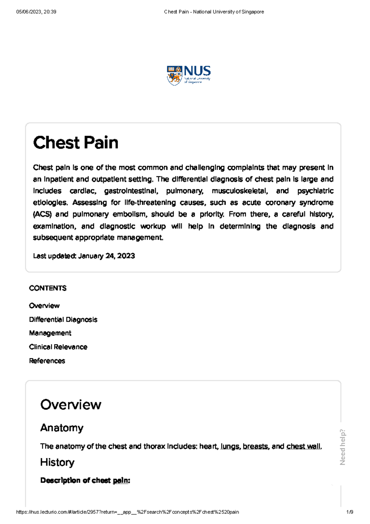 Chest Pain - National University of Singapore - Chest Pain Chest pain ...