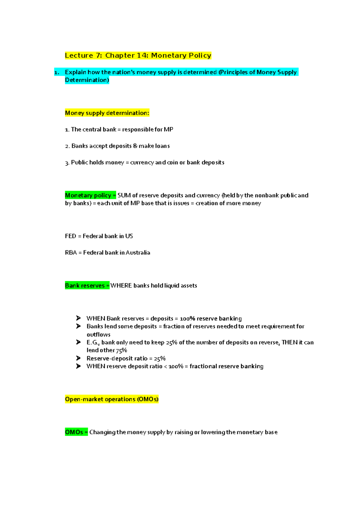 Lecture 7 ECF2331 Asnwers - Lecture 7: Chapter 14: Monetary Policy ...