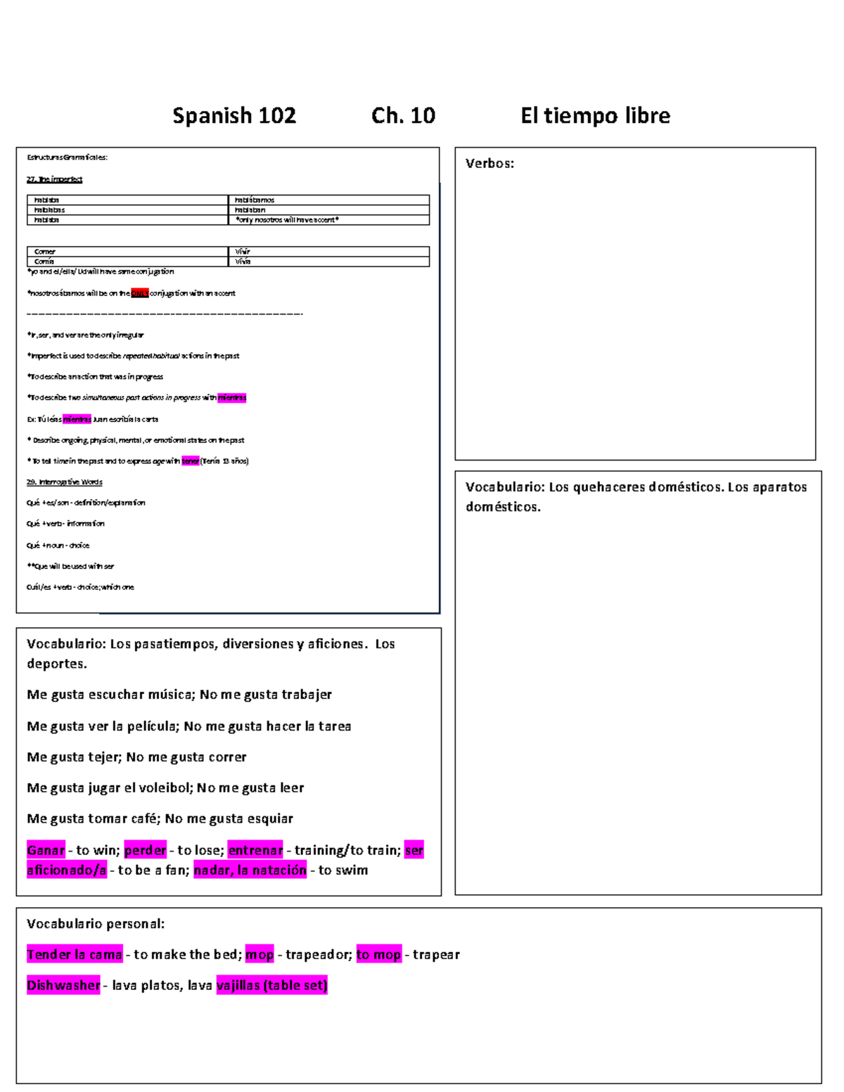 Spanish 102 Ch10 Hoja de vocabulario - Spanish 102 Ch. 10 El tiempo ...