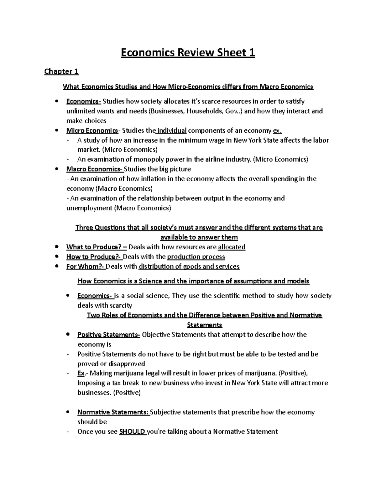 Economics Review Sheet 1 - .) and how they interact and make choices ...