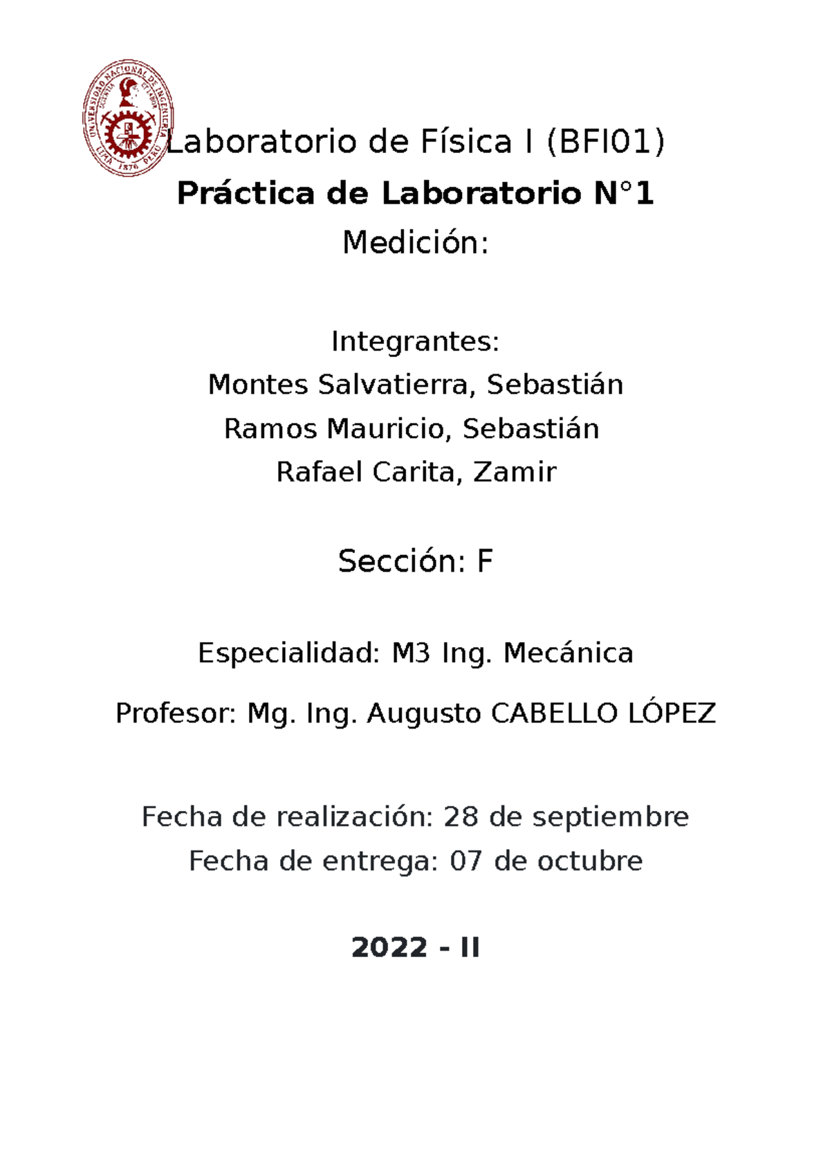 Lab Fis 1 Secc-F L1 Grupo 1 - Laboratorio de Física I (BFI01) Práctica de Laboratorio N ...
