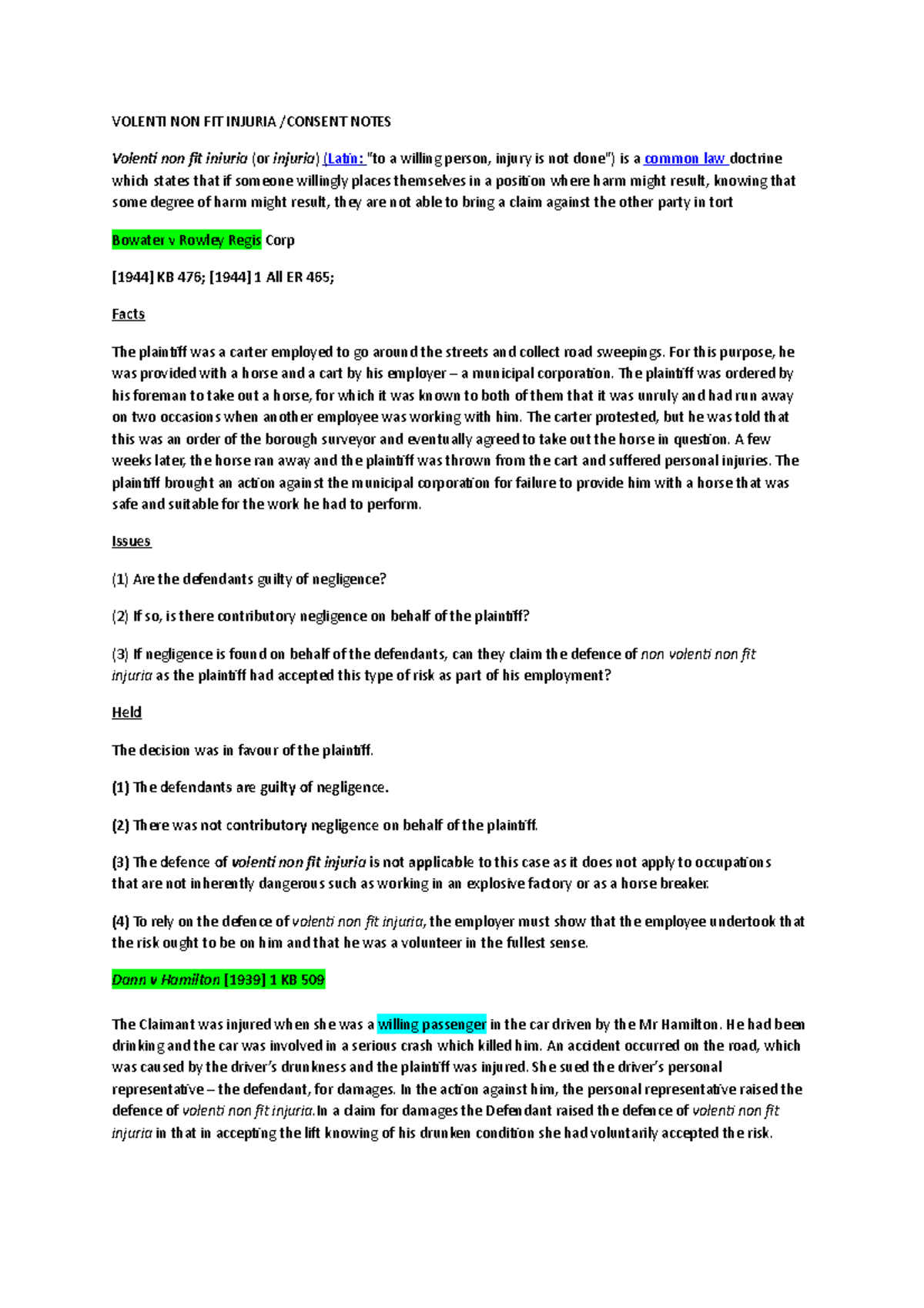 Volenti NON FIT Injuria notes - VOLENTI NON FIT INJURIA /CONSENT NOTES ...