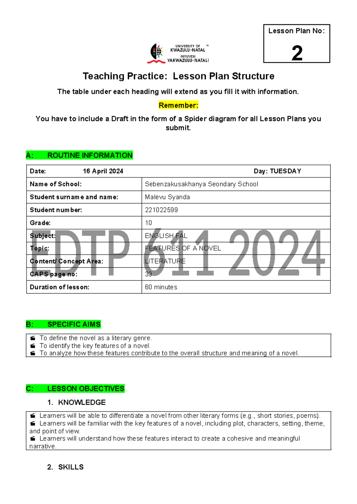 Lesson PLAN English 7 - Teaching Practice: Lesson Plan Structure The ...