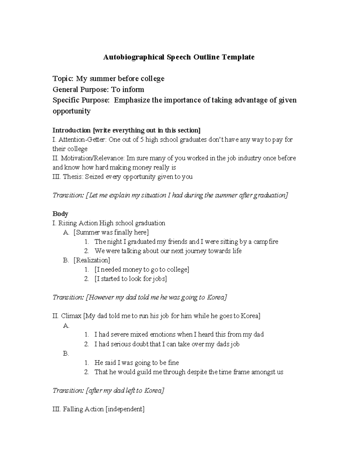 Autobiographical Speech Outline Template 2 - Autobiographical Speech ...
