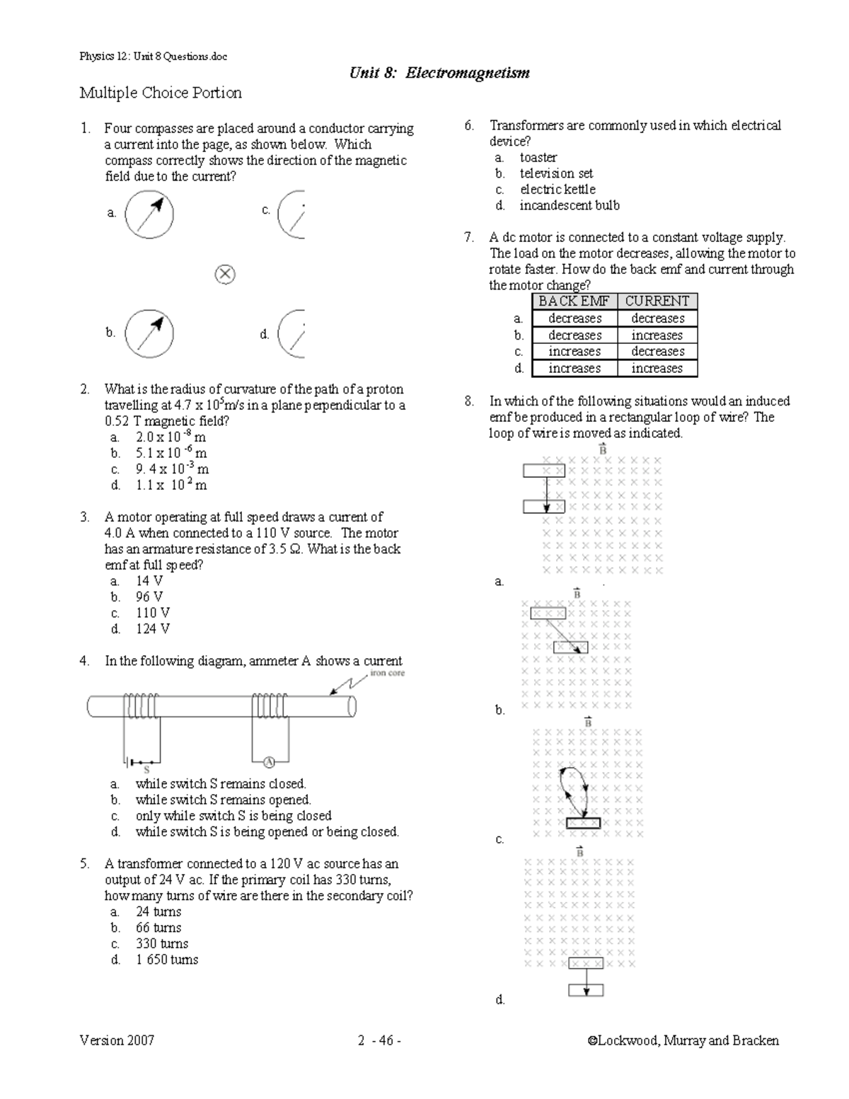 Unit 8 questions - Quesiton - Unit 8: Electromagnetism Multiple Choice ...