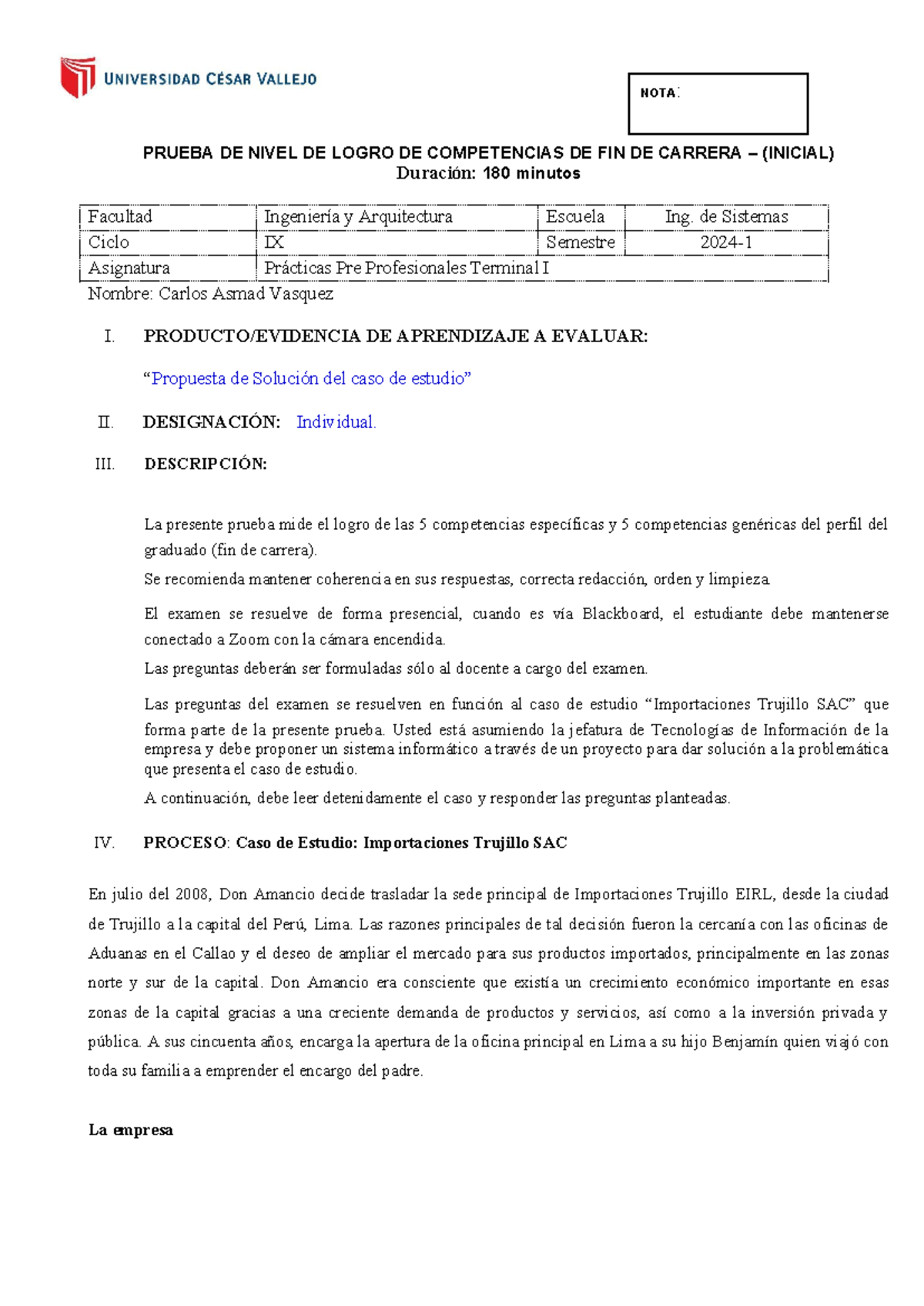 Examen PLC IV Nivel 2024-1 9no Plan D - PRUEBA DE NIVEL DE LOGRO DE COMPETENCIAS DE FIN DE ...