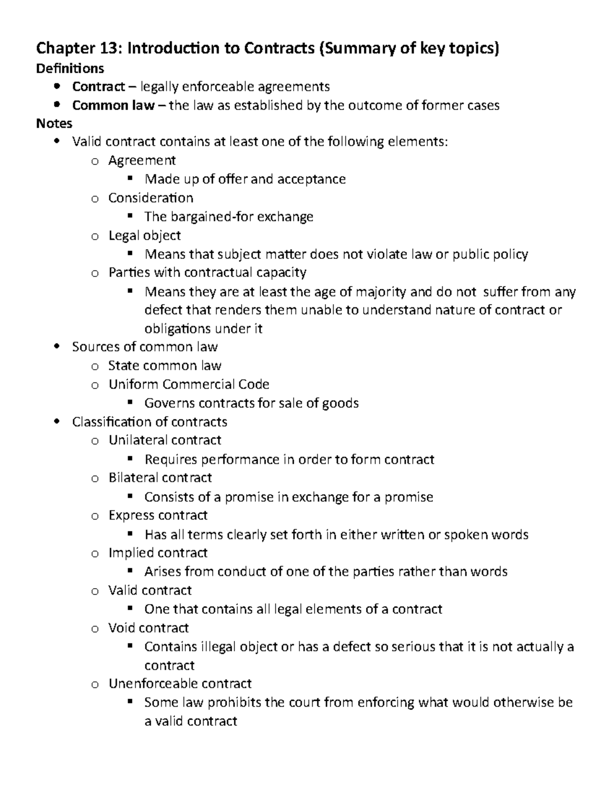Ch 13 notes - Chapter 13: Introduction to Contracts (Summary of key ...