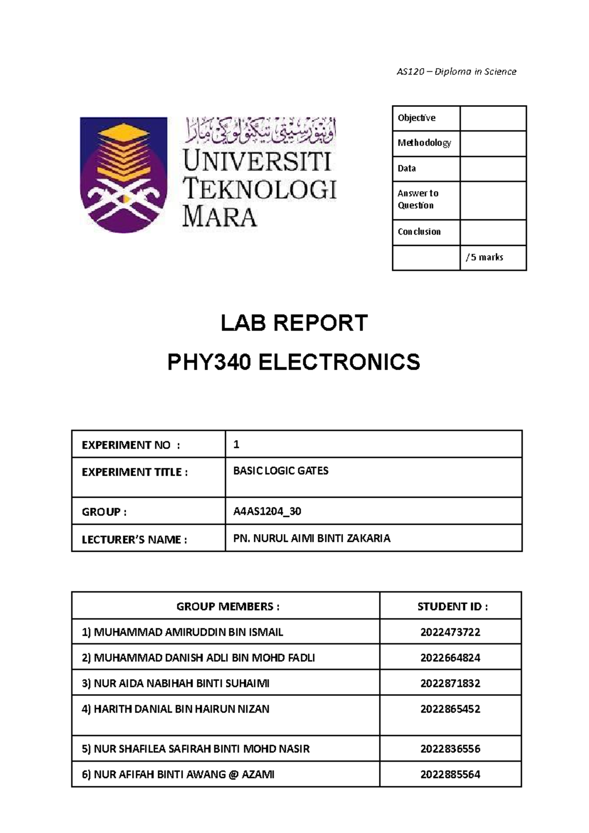 PHY340 report 1 - ... - AS120 – Diploma in Science LAB REPORT PHY340 ELECTRONICS EXPERIMENT NO ...