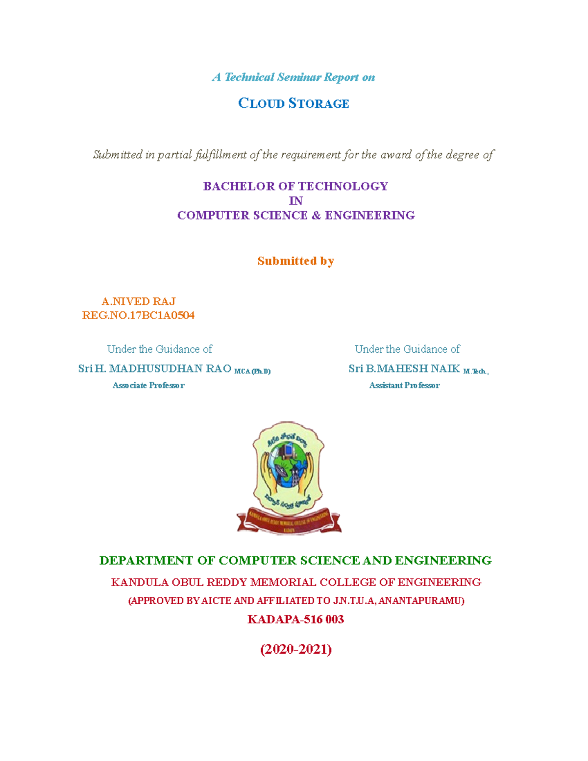 A. Nived RAJ - Lecture notes 1 - A Technical Seminar Report on CLOUD ...