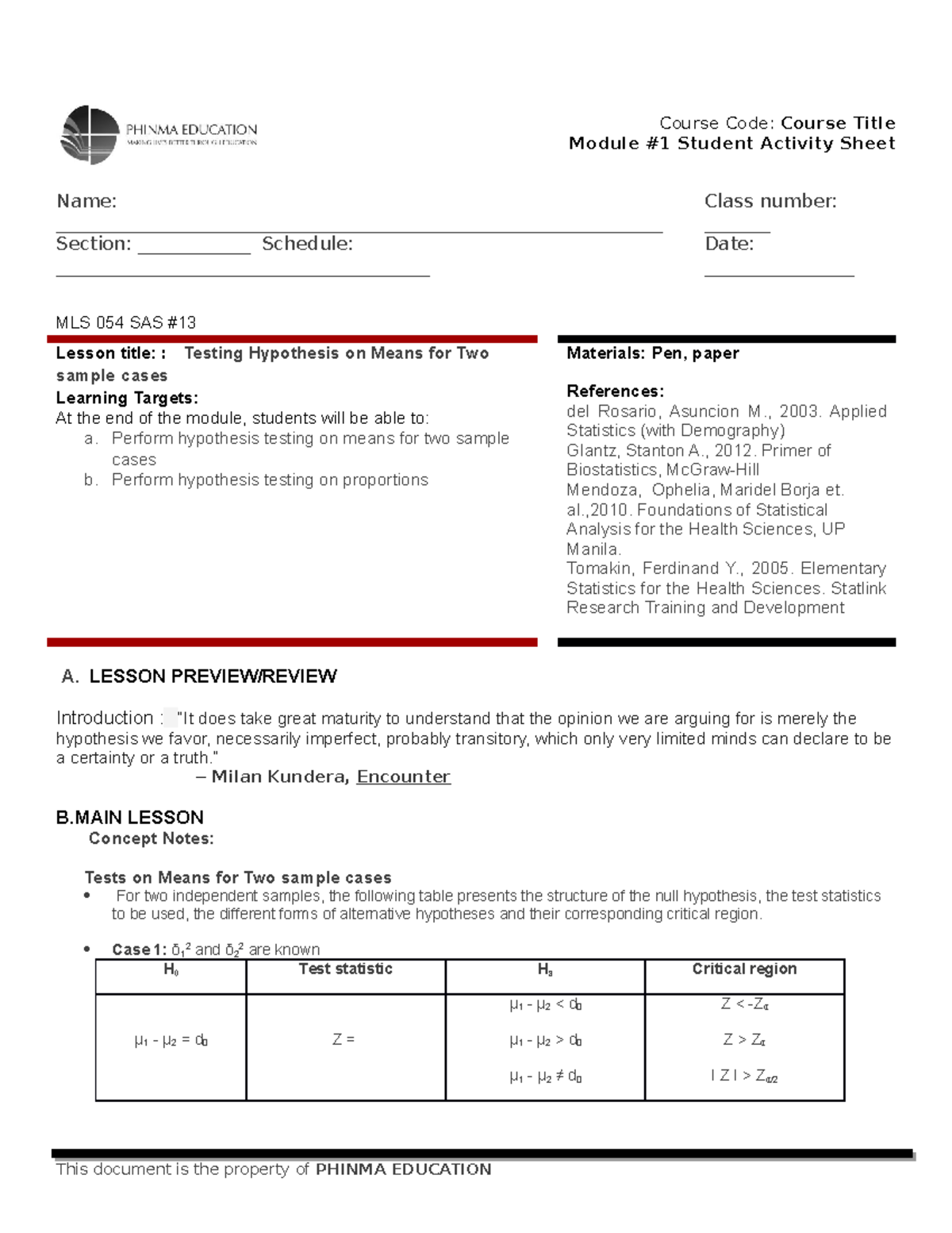 MLS 054 SAS #13 - Stat - Module #1 Student Activity Sheet Name: - Studocu