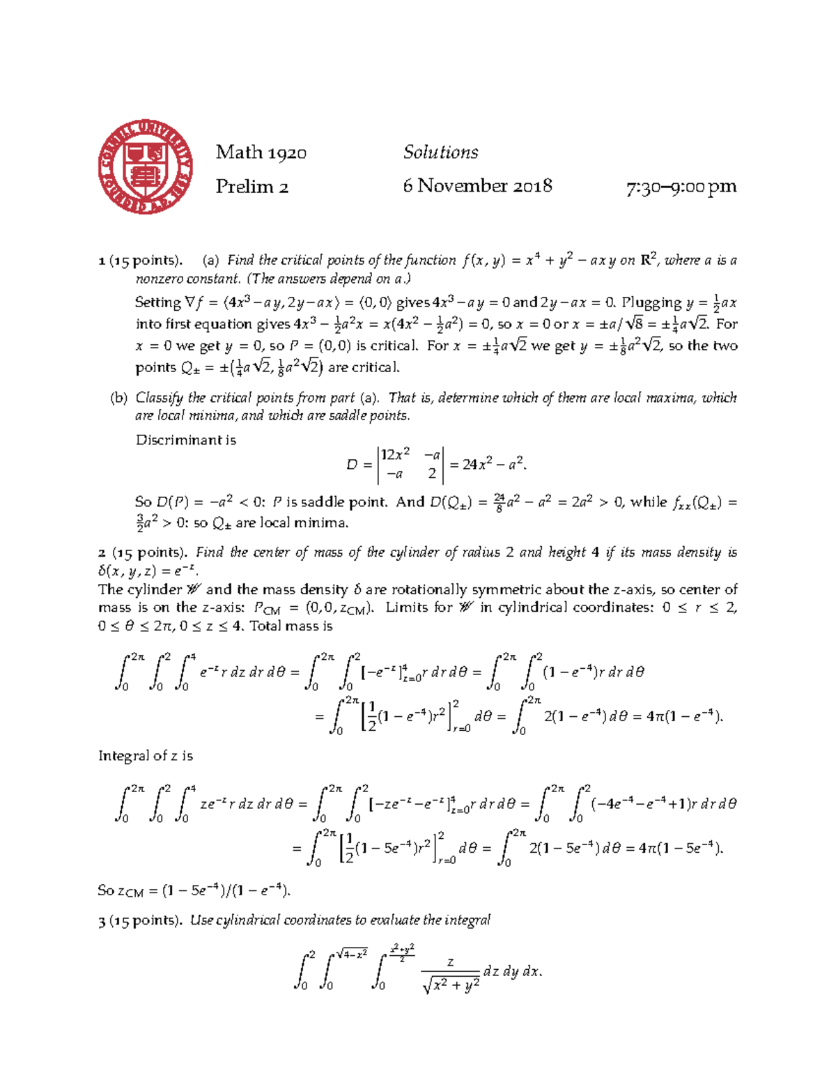 2018 Fall Prelim 2 Solutions - Math 1920 Prelim 2 Solutions 6 November ...