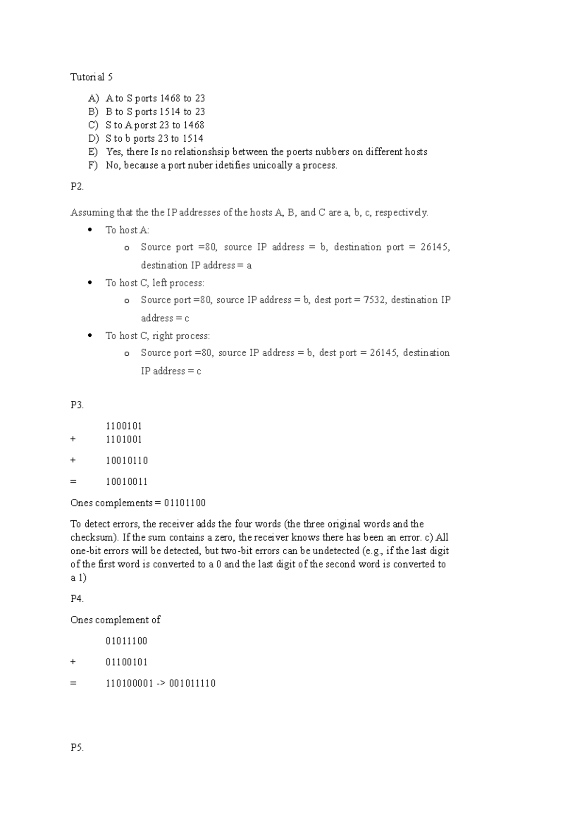 Tutorial 5 - Lab 5 Wireshark - Tutorial 5 A) A to S ports 1468 to 23 B ...