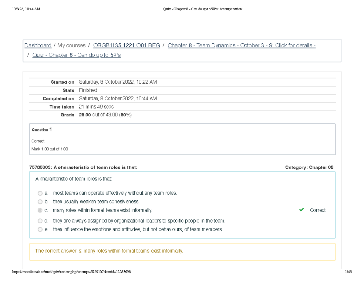 Quiz - Chapter 8 - Can do up to 5X's Attempt review - Dashboard / My courses / ORGB1135.1221 ...