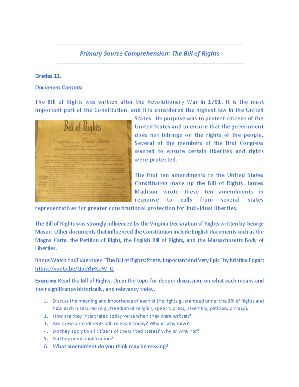 Bill of Rights 11 - Notes. - Primary Source Comprehension: The Bill of ...