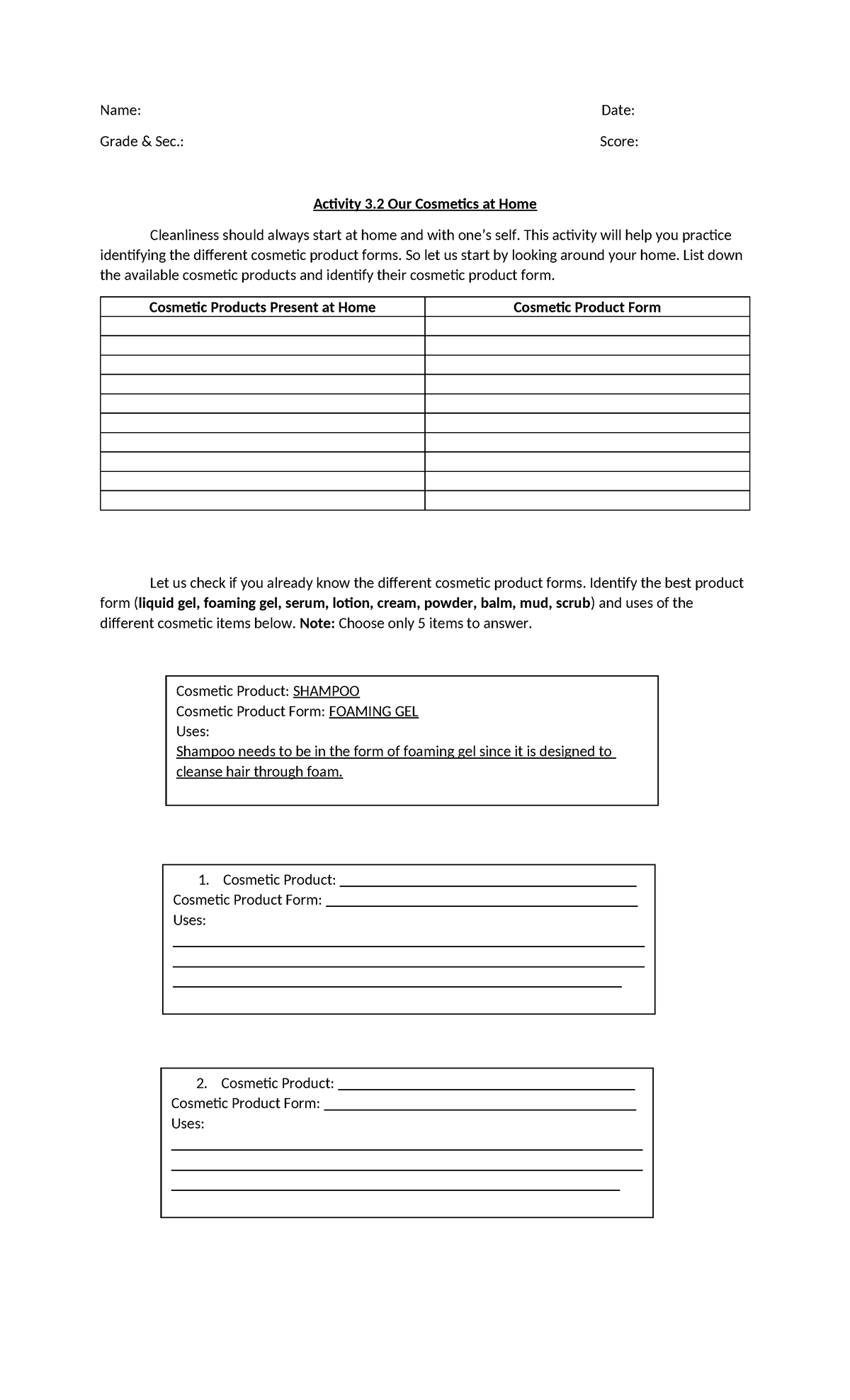 Conchem Act 3 - lecture notes. - Name: Date: Grade & Sec.: Score ...