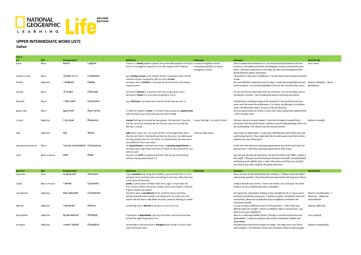 Life upper intermediate wordlist italian - UPPER INTERMEDIATE WORD ...