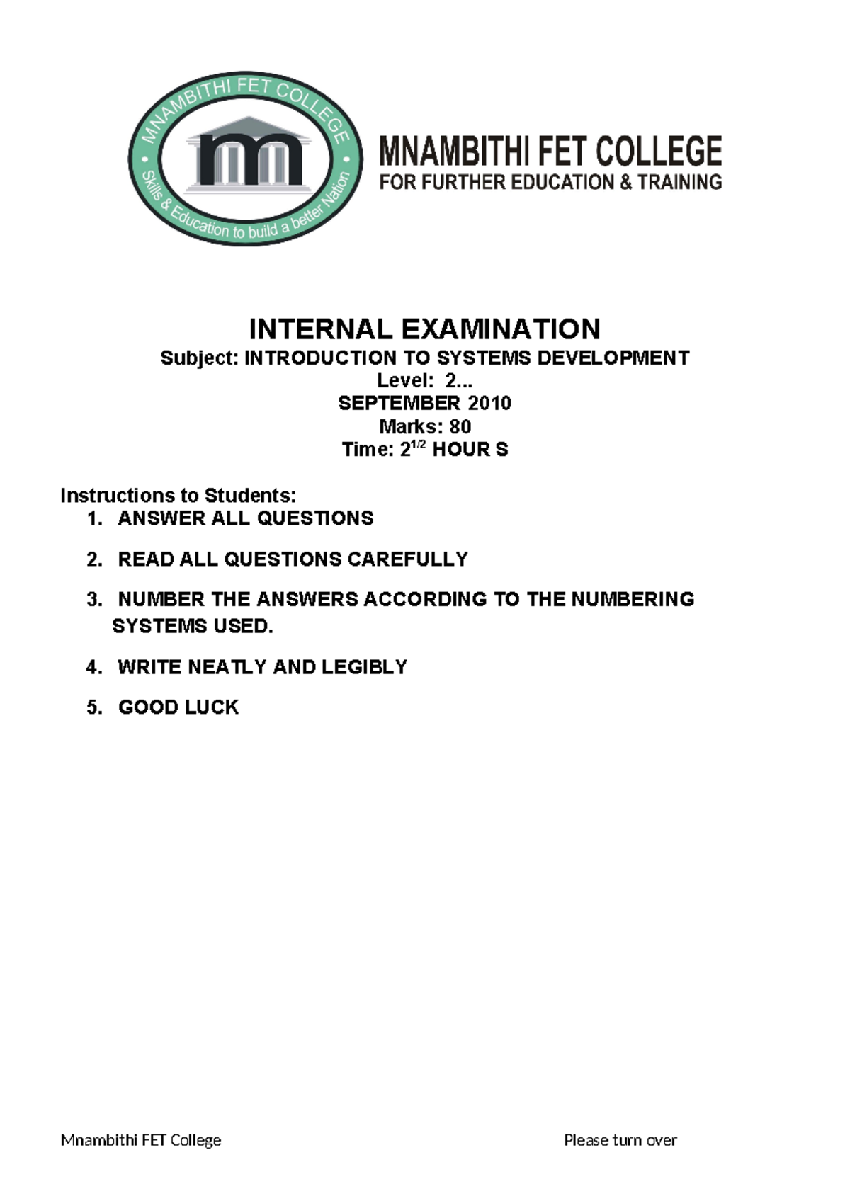 SYS Dev Internal Examination - INTERNAL EXAMINATION Subject ...