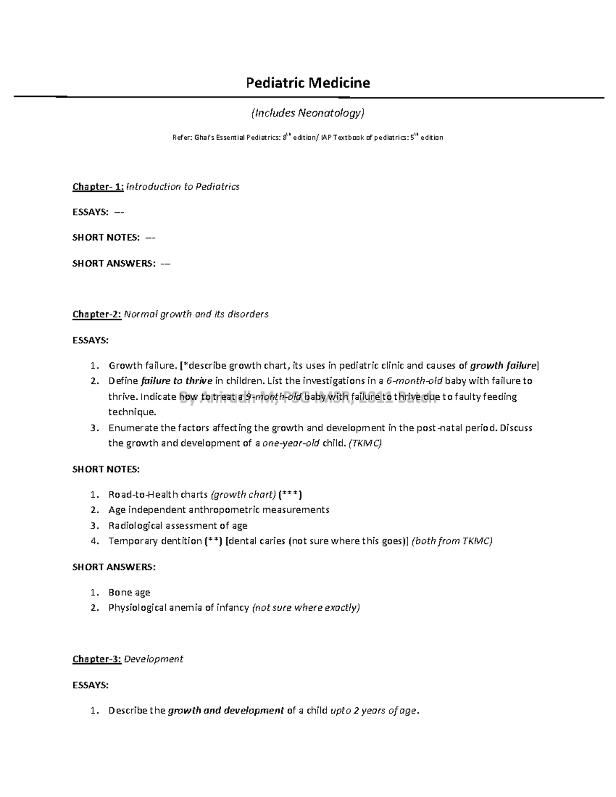 Pediatrics - Notes - Pediatric Medicine (Includes Neonatology) Refer ...