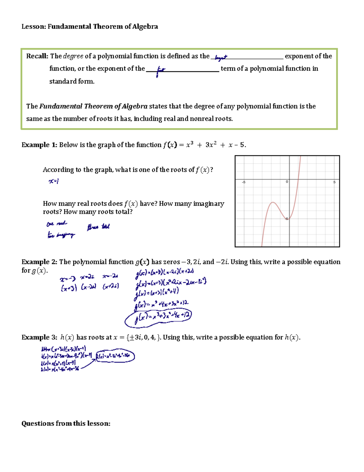 6-3 Lesson - Fundamental Theorem of Algebra - Lesson: Fundamental ...