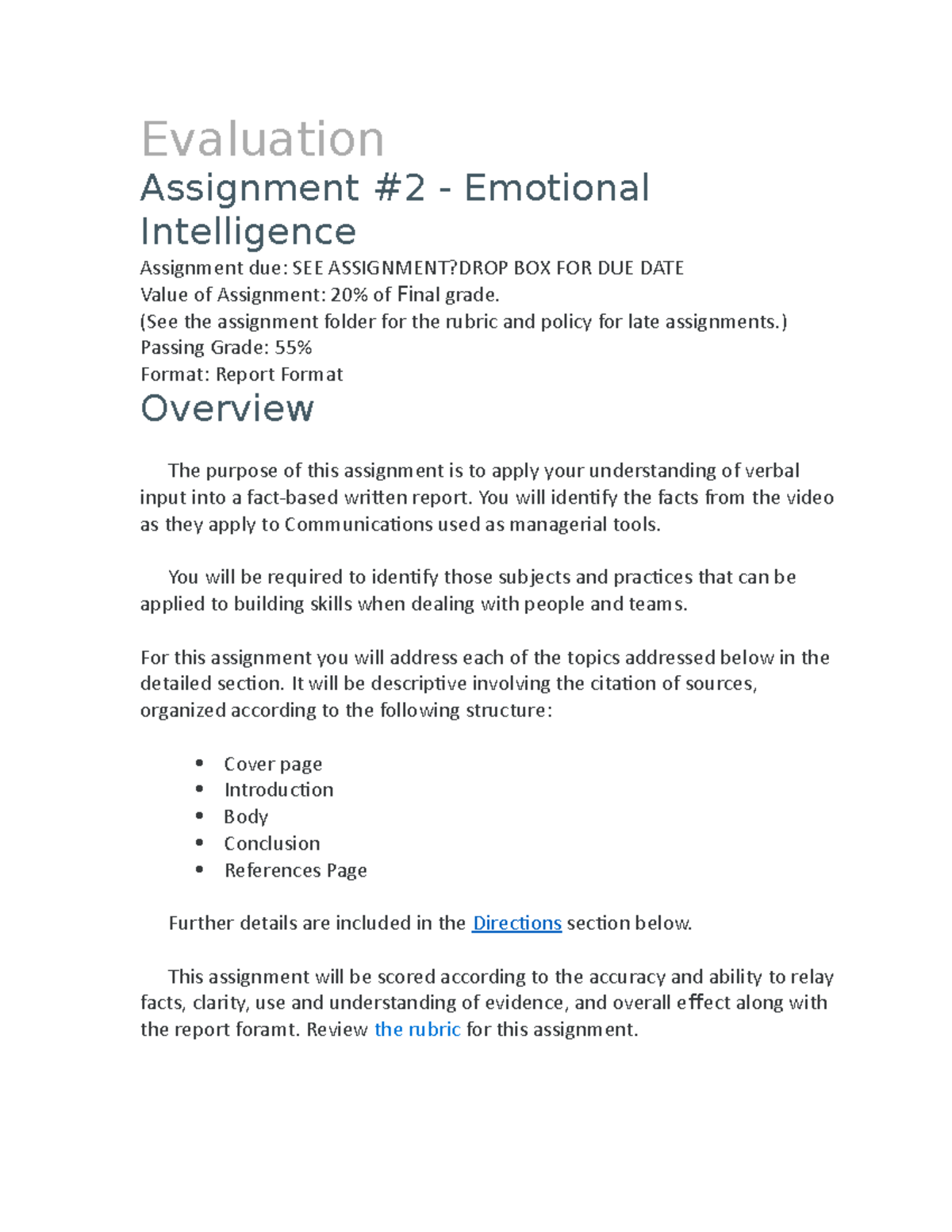 Assignment #2 - Emotional Inteligence - Evaluation Assignment #2 ...