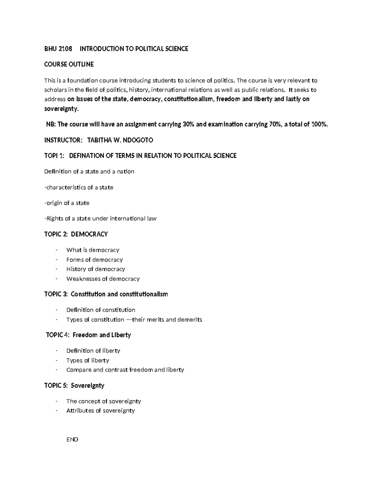 BHU 2108 Introduction TO Political Science..course outline - BHU 2108 ...