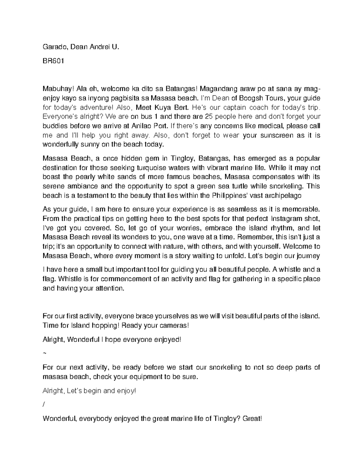 Script - Lecture - Garado, Dean Andrei U. BR Mabuhay! Ala eh, welcome ...