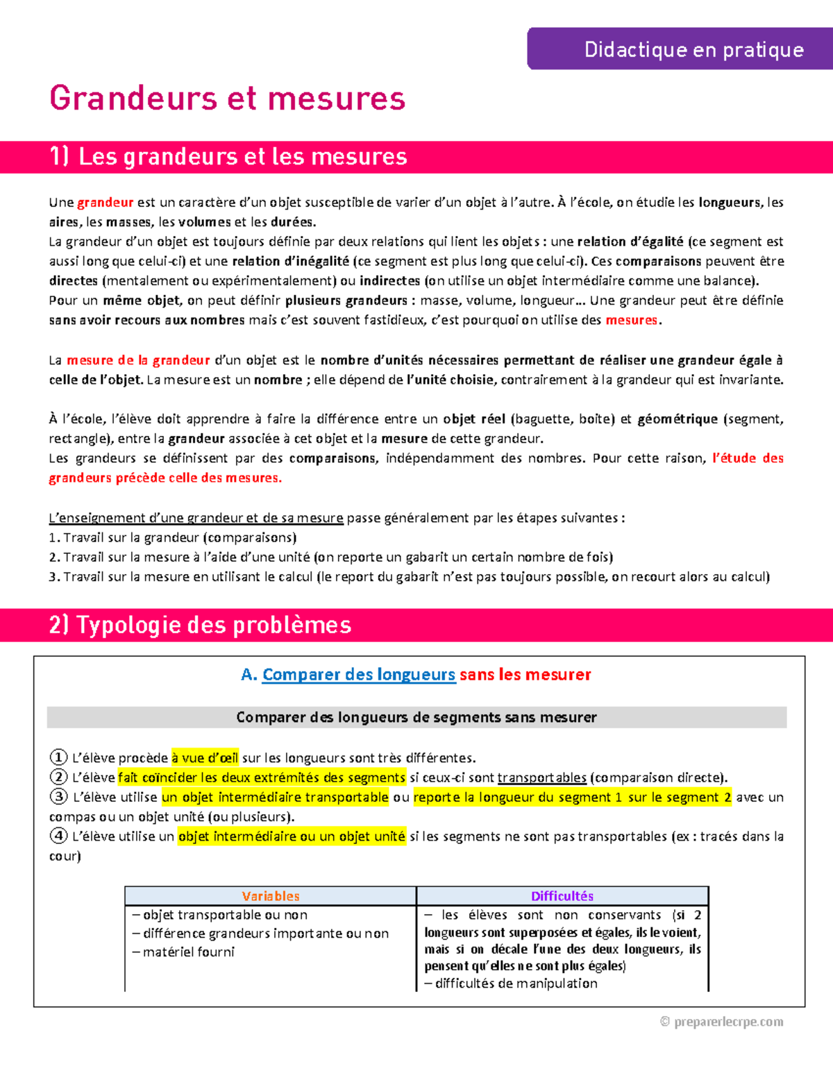 Didactique maths fiche pratique 12 grandeurs et mesures - Grandeurs et ...
