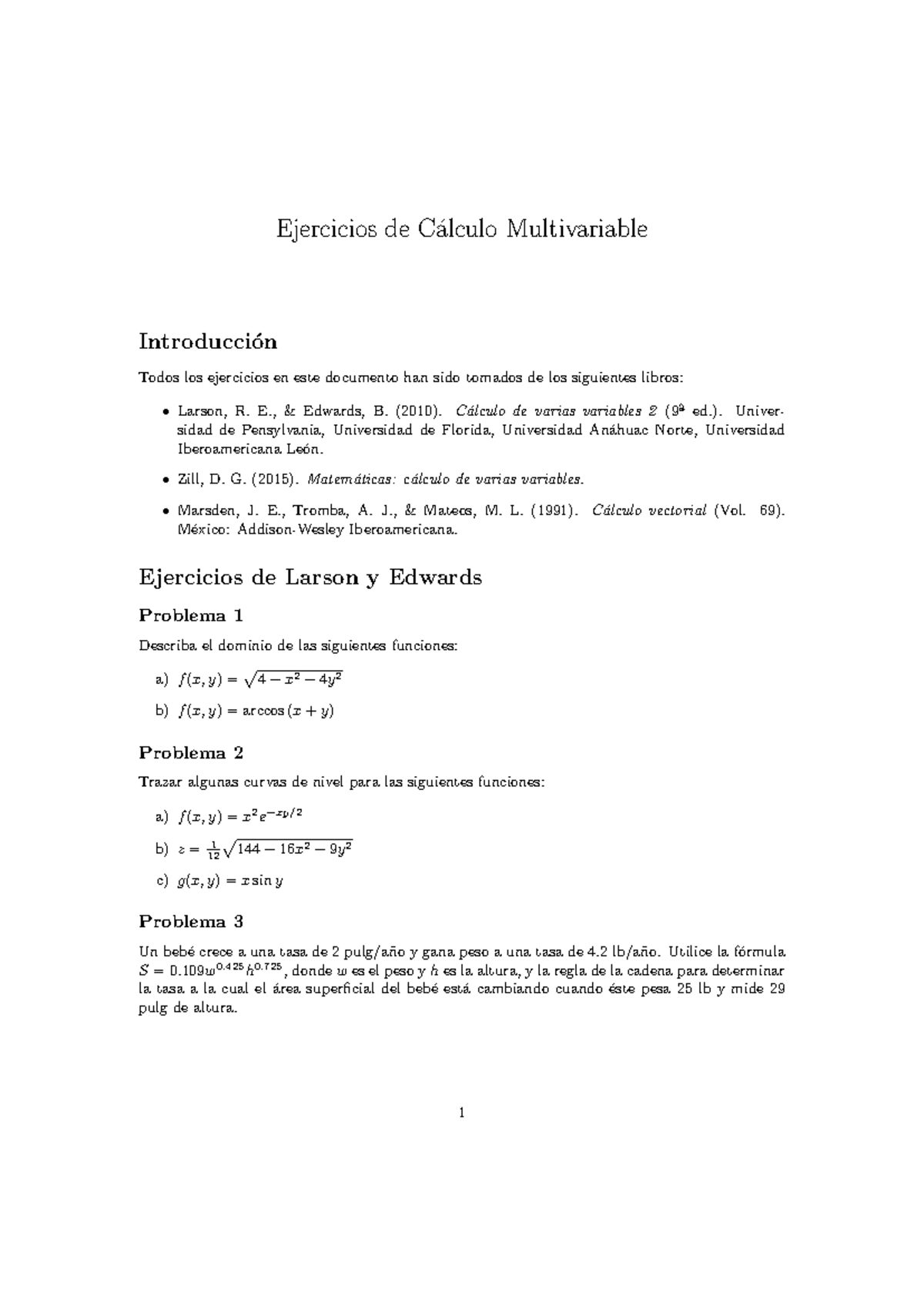 Ejercicios Cálculo Multivariable 1E - Ejercicios de C ́alculo ...