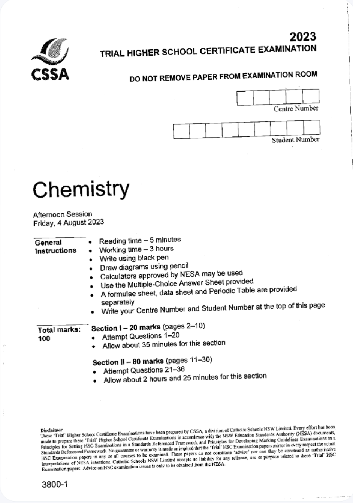 CSSA 2023. EXAM - Exam CSSA - 2023 TRIAL HIGHER SCHOOL CERTIFICATE EXAMINATION CSSA DO NOT ...
