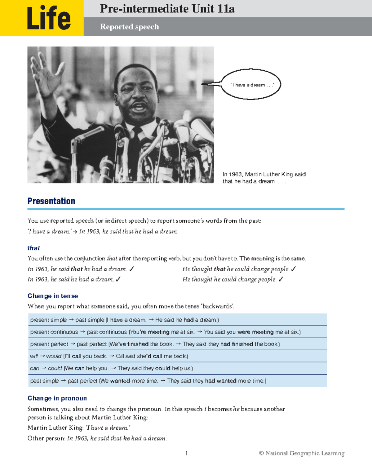 UNIT 11A - SPECH EXERCISE - 1 © National Geographic Learning Pre-intermediate Unit 11a Life ...