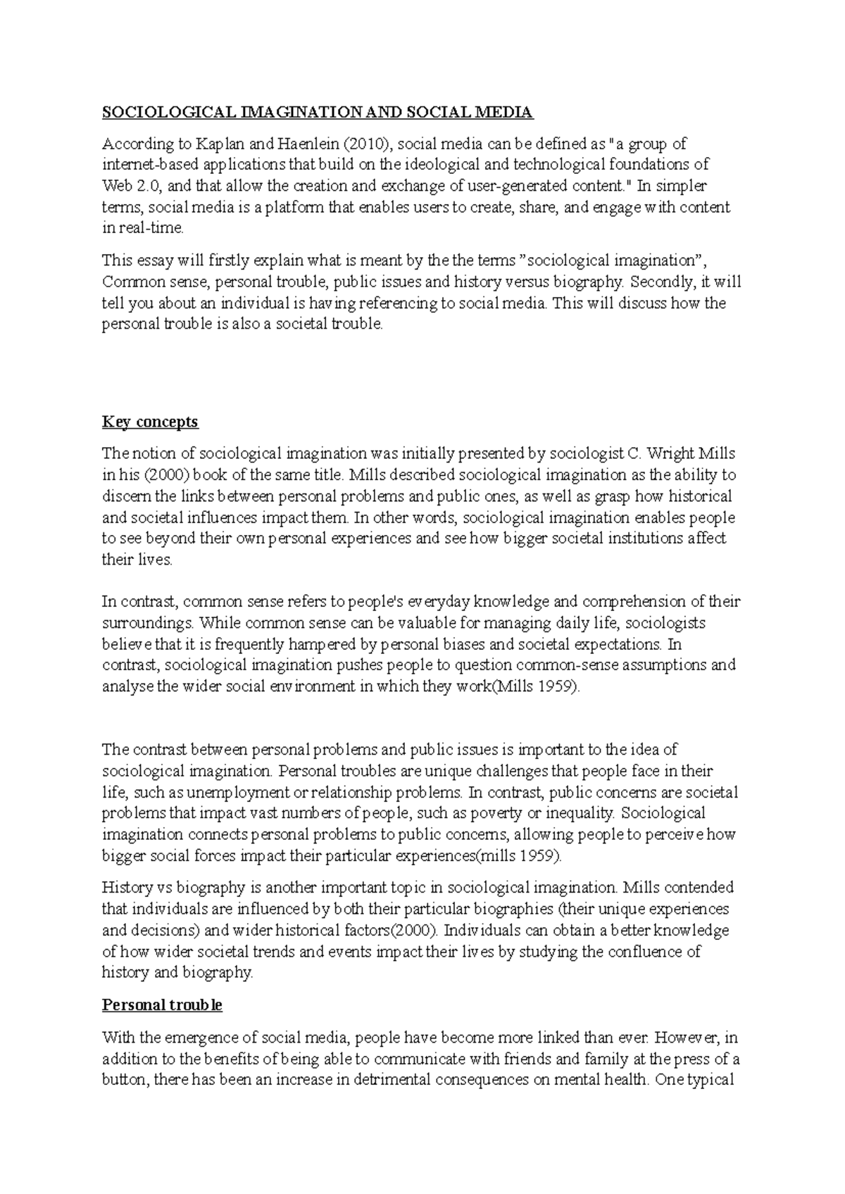 SOCY 101 - SOCIOLOGICAL IMAGINATION AND SOCIAL MEDIA According to ...