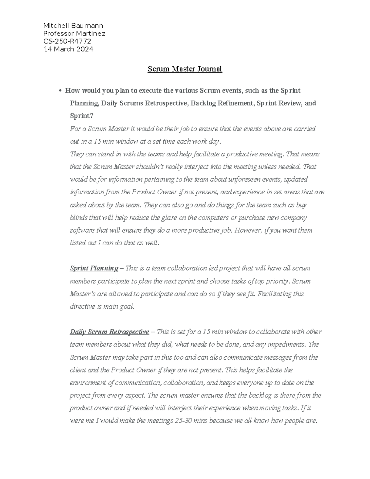 CS 250 Scrum Master Journal - Mitchell Baumann Professor Martinez CS ...