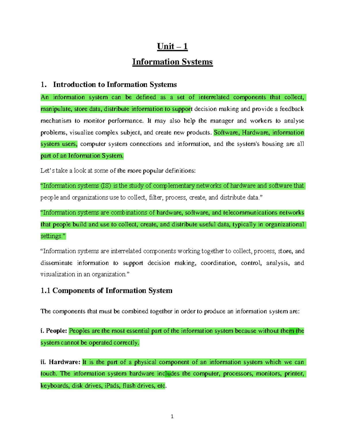 Cyber security unit 1 - very help full - Unit – 1 Information Systems 1. Introduction to ...