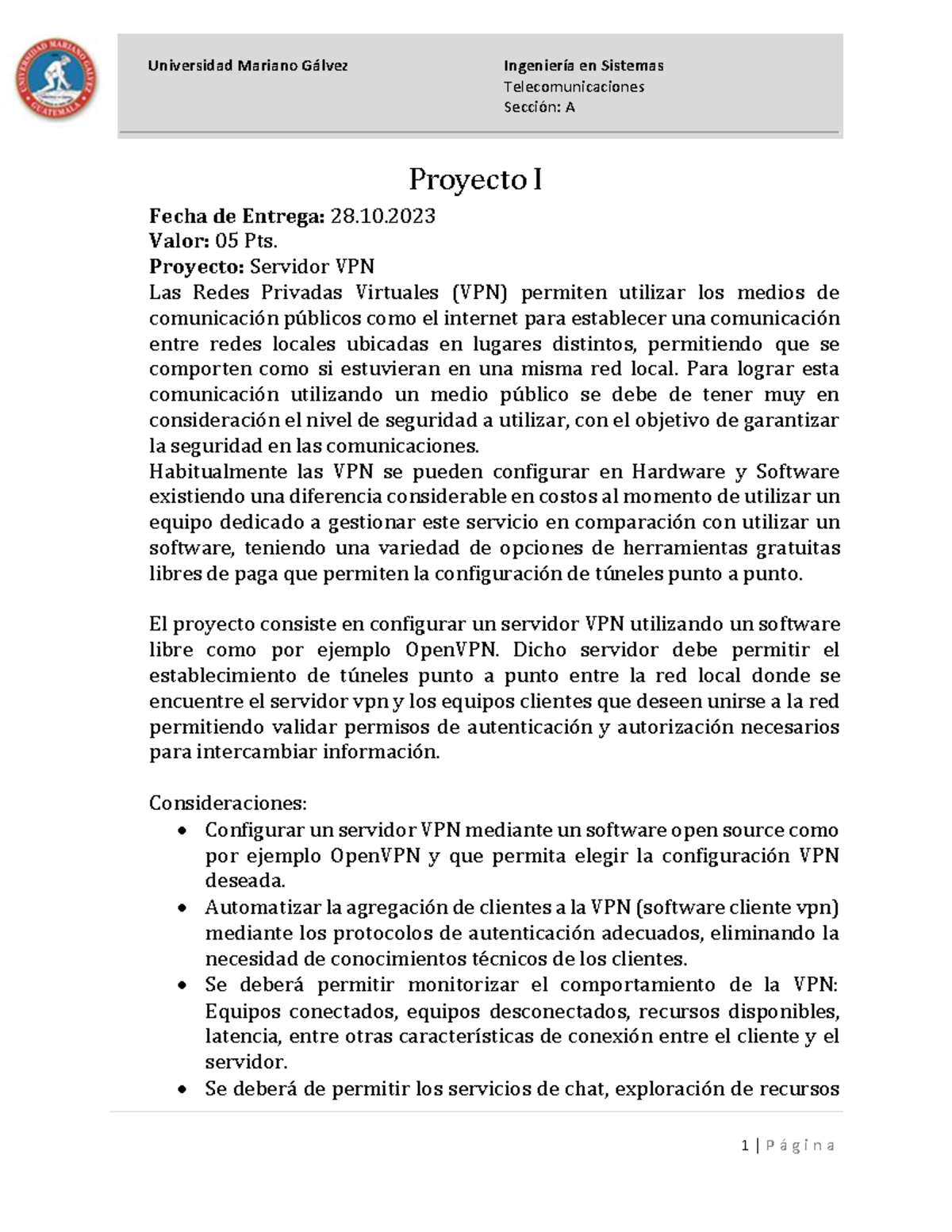 Proyecto I Telecomunicaciones-1 - Universidad Mariano Gálvez Ingeniería en Sistemas - Studocu