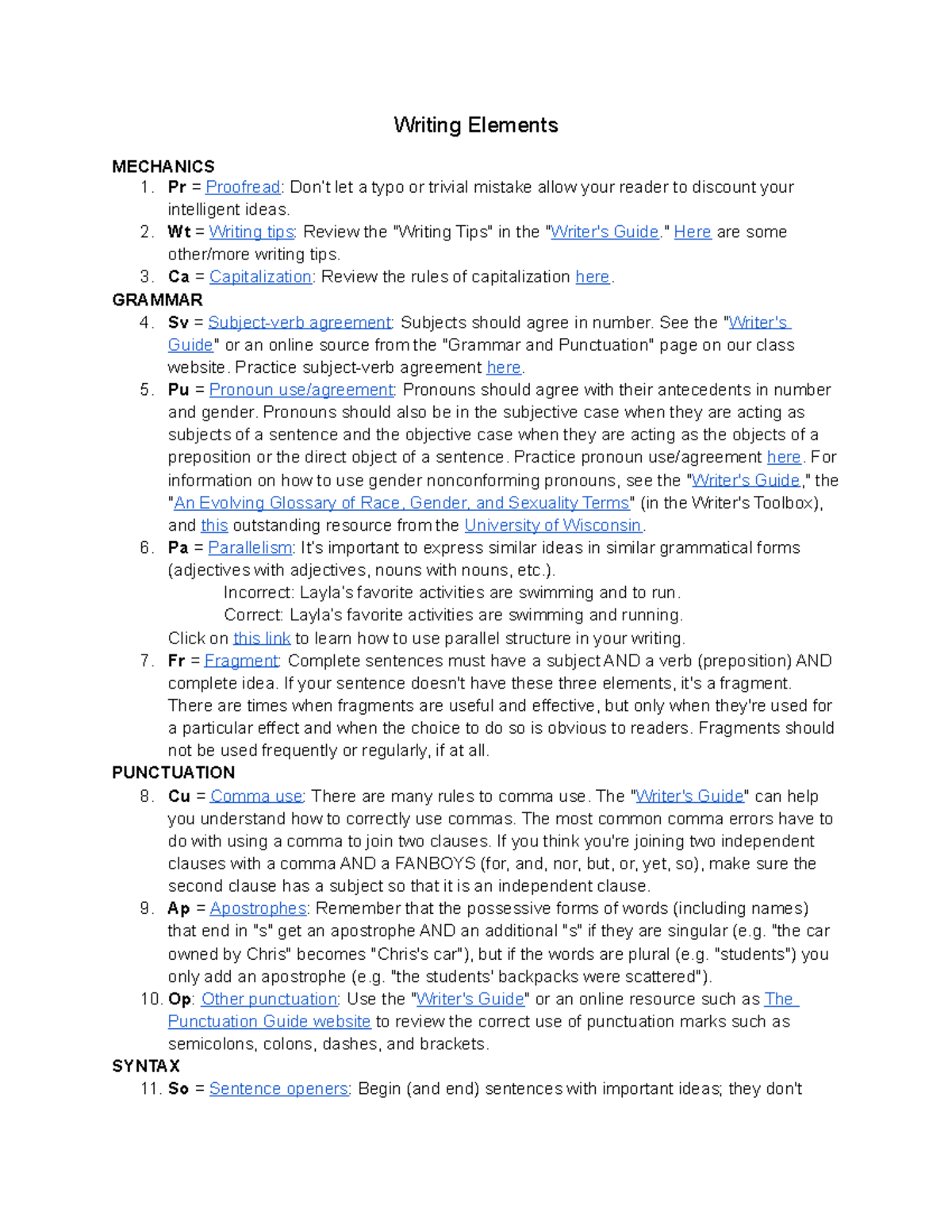 Writing Elements Key - notes - Writing Elements MECHANICS Pr ...