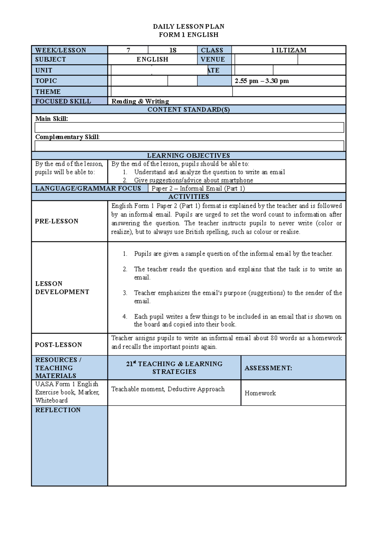 7 November - LESSON PLAN - FORM 1 ENGLISH WEEK/LESSON 7 18 CLASS 1 ...