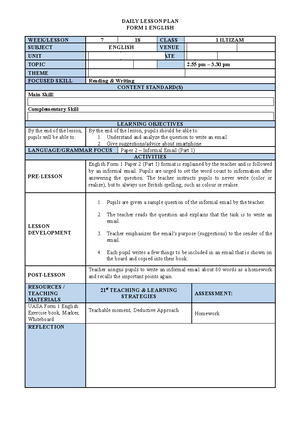9 November - LESSON PLAN - DAILY LESSON PLAN FORM 1 ENGLISH WEEK/LESSON ...