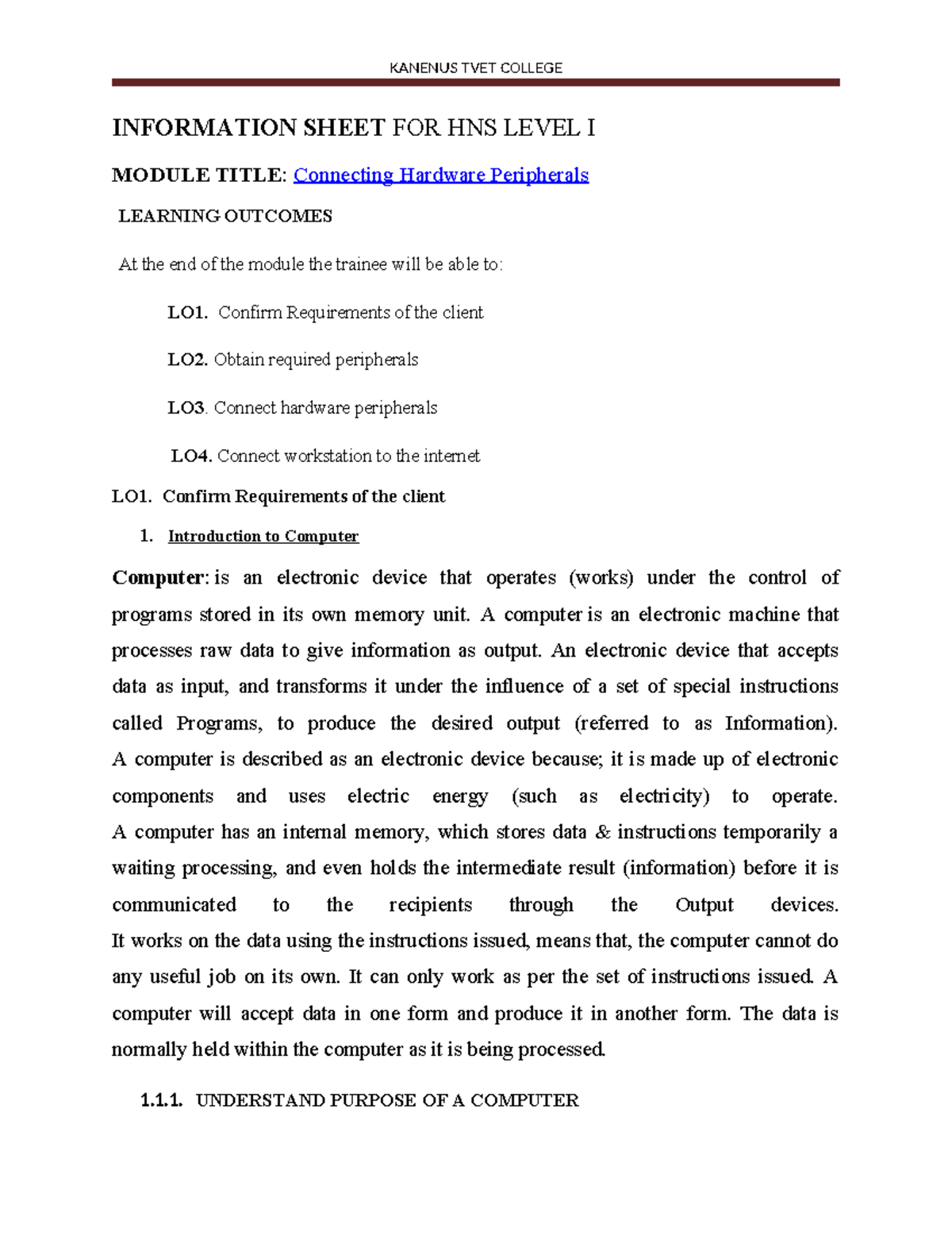 Connect - INFORMATION SHEET FOR HNS LEVEL I MODULE TITLE: Connecting ...