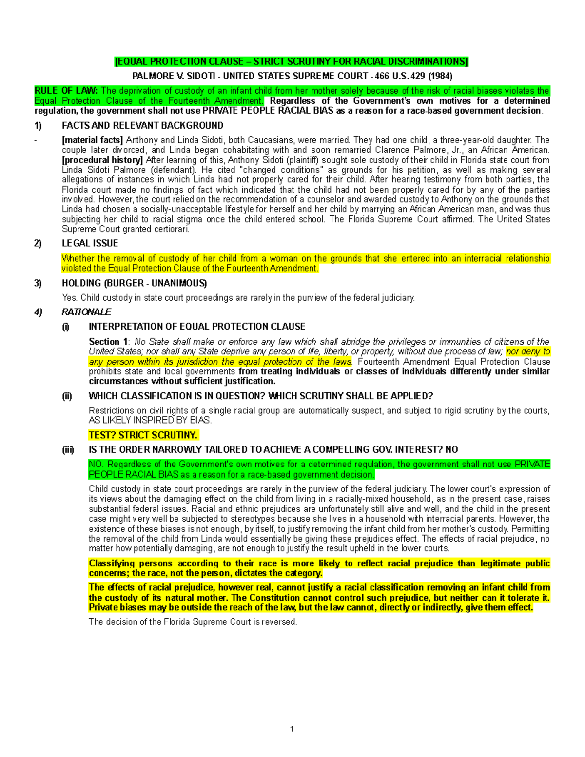 Case brief Palmore v. Sidoti - (ConLaw - case brief and class notes ...