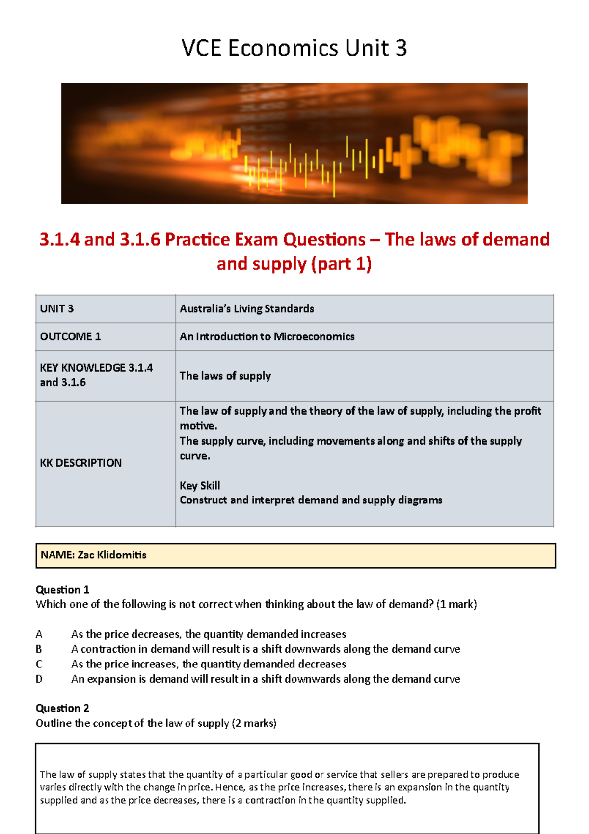 3.1.4 and 3.1.6 PEQ The laws of demand and supply (part 2) - VCE ...