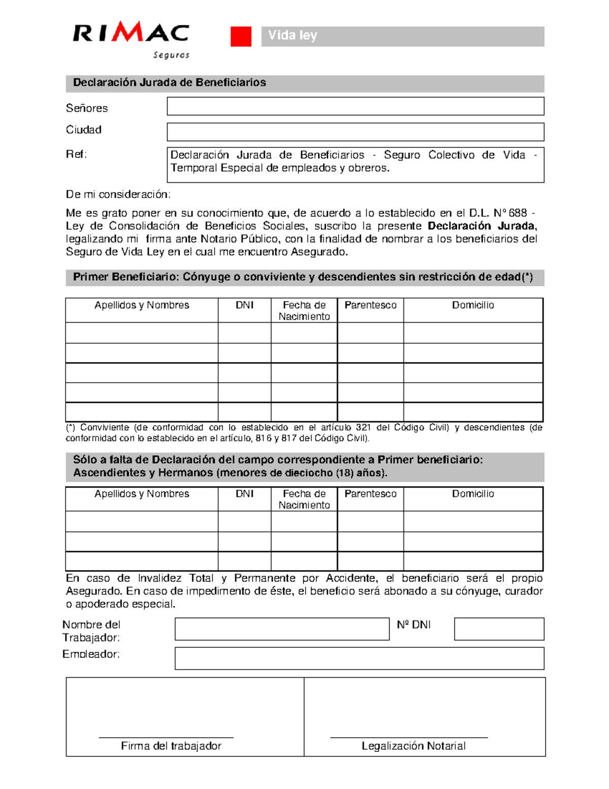 Formato Declaración Beneficiarios Vida ley Rimac (1) - Declaración Jurada de Beneficiarios ...