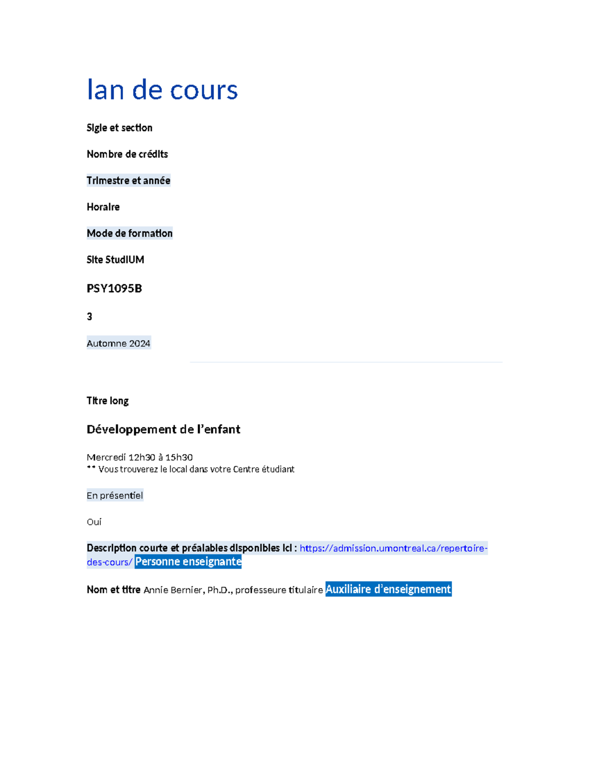 Plan de cours psy1095 - Résumé Child development - lan de cours Sigle ...