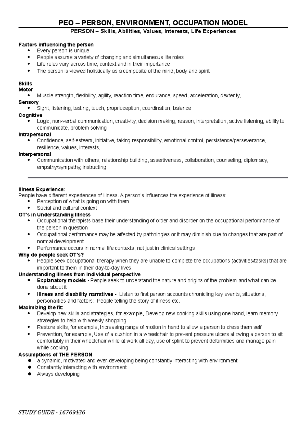 PEO Model: Factors Influencing Person Environment Occupation - Studocu