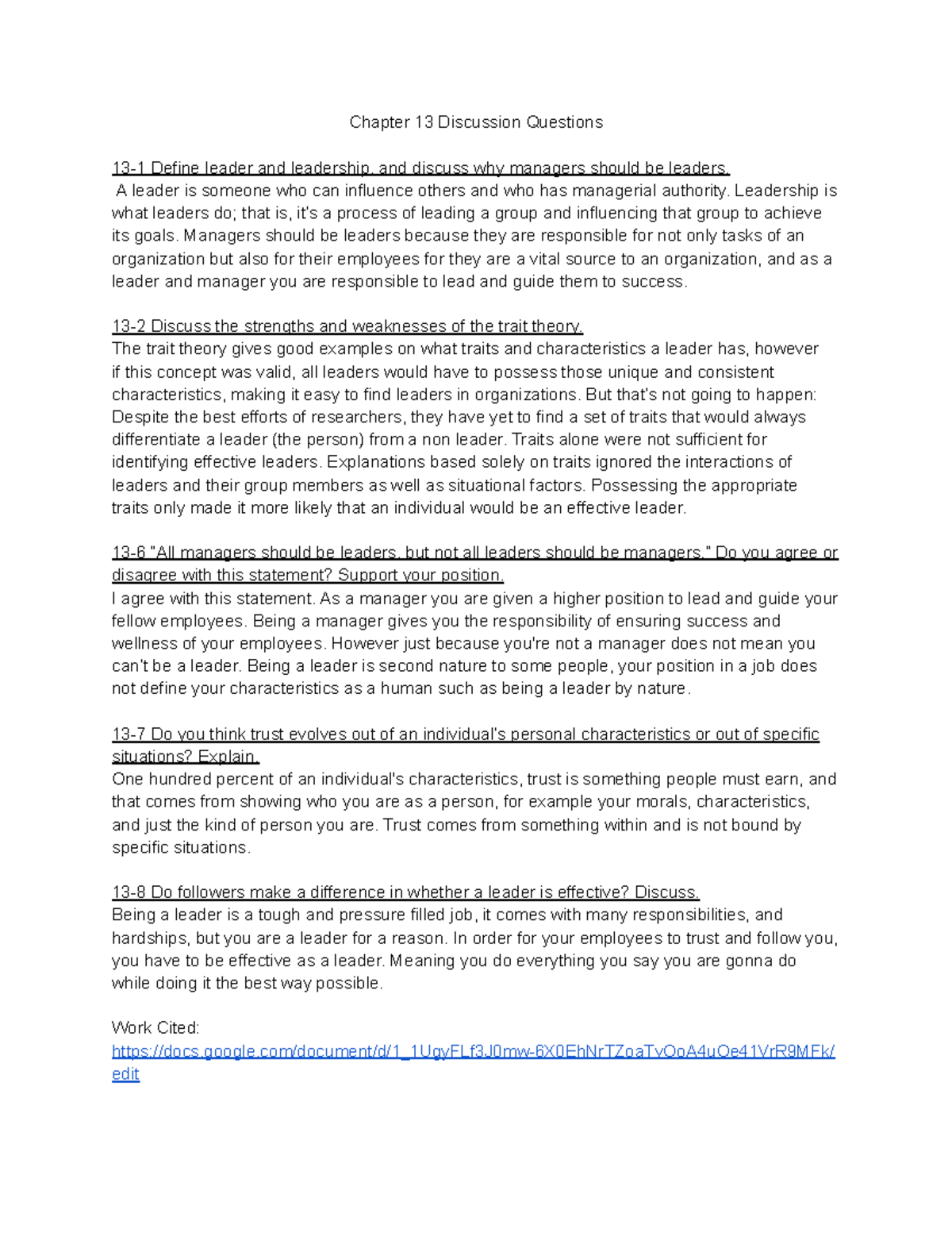 Chapter 13 Discussion Questions - Chapter 13 Discussion Questions 13-1 ...