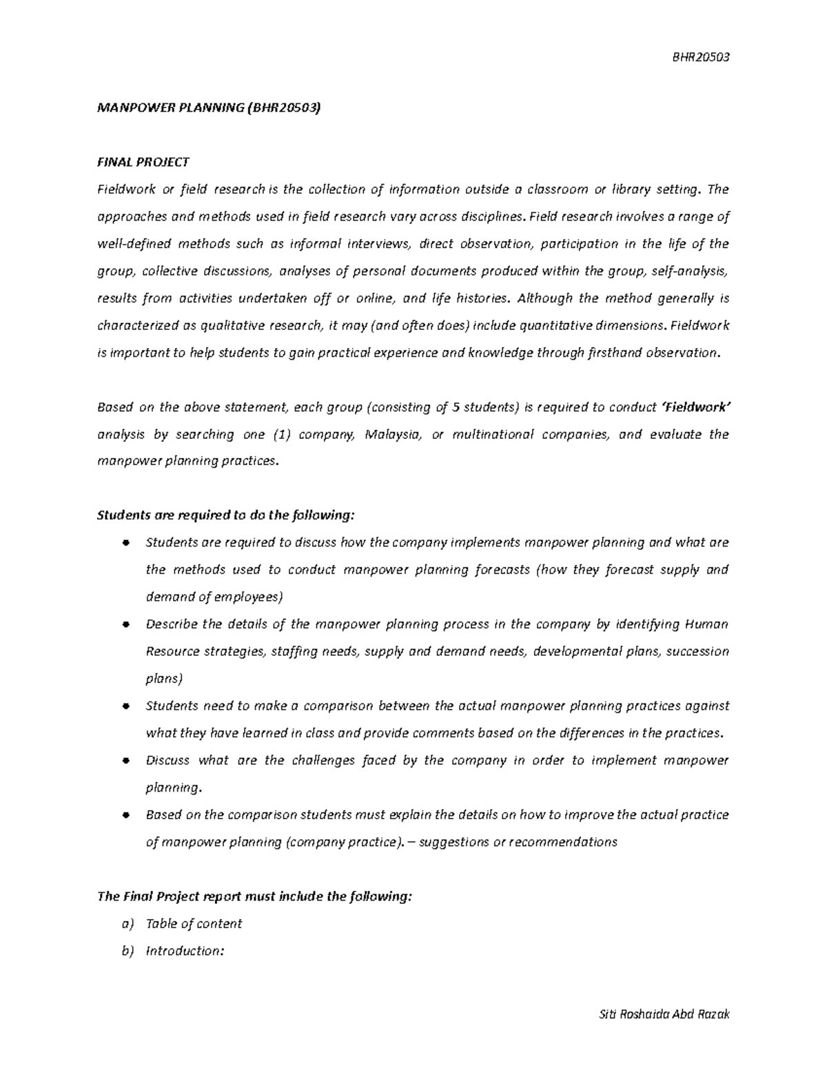 Final Project BHR20503 - BHR MANPOWER PLANNING (BHR20503) FINAL PROJECT ...