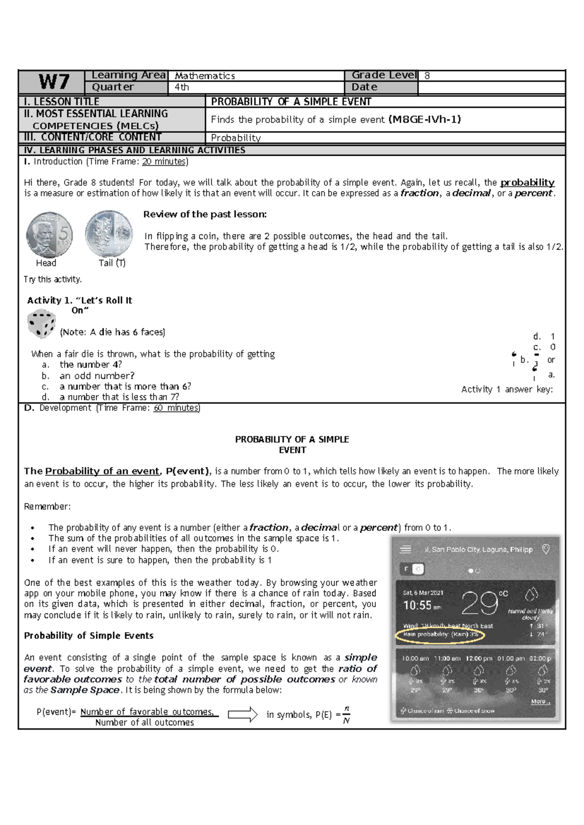 Q4 Math 8 Week 7 - Guide for teaching - Activity 1 answer key: 1 a. 1 ...