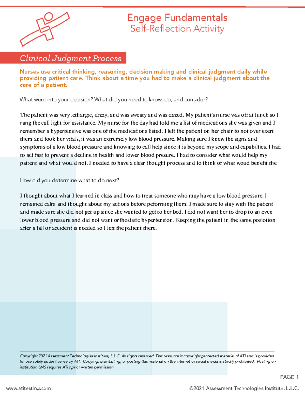ATI 1137 Self Reflection, Clinical Judgement - atitesting ©2021 ...