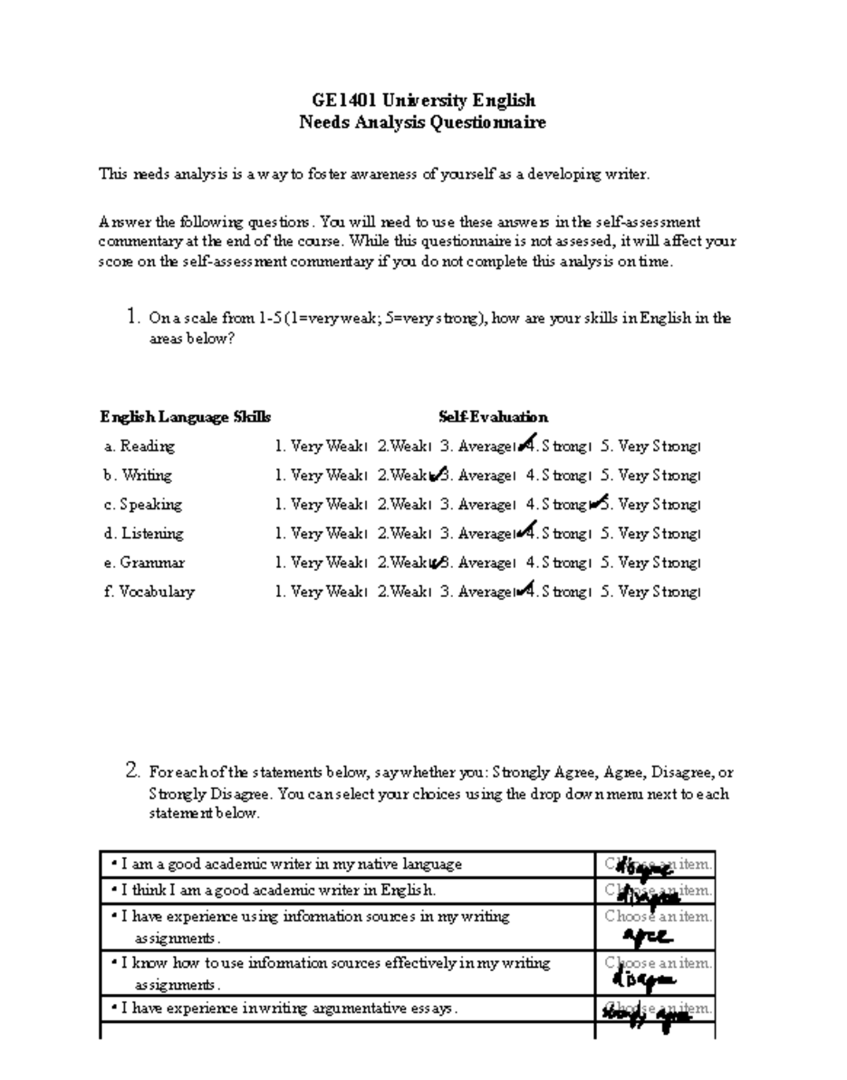GE1401 Needs Analysis Questionnaire - GE1401 University English Needs ...