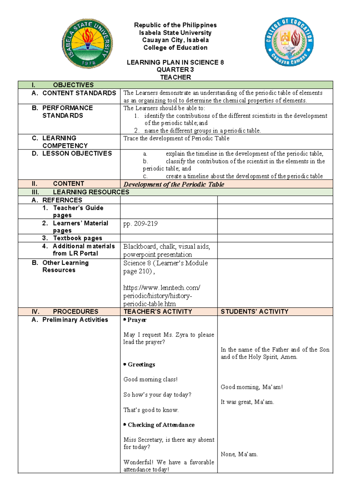 Grade 8 Periodic Table OF Development - Republic of the Philippines Isabela State University ...