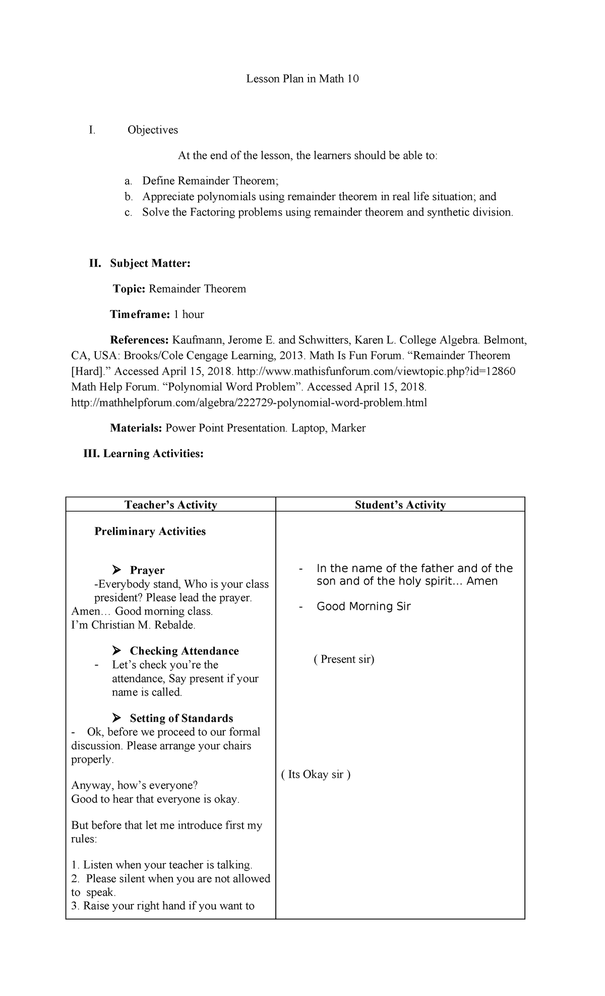 Lesson Plan in Math 2 - eqeqeq - Lesson Plan in Math 10 I. Objectives ...